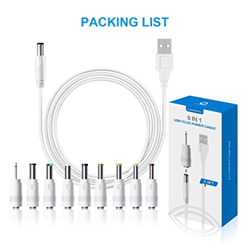 LANMU USB to DC Power Cable,Universal 5V DC Jack Charging Cable Power Cord with 9 Interchangeable Plugs Connectors Adapter Compatible with Massage Wand,Router,Speaker and More Devices