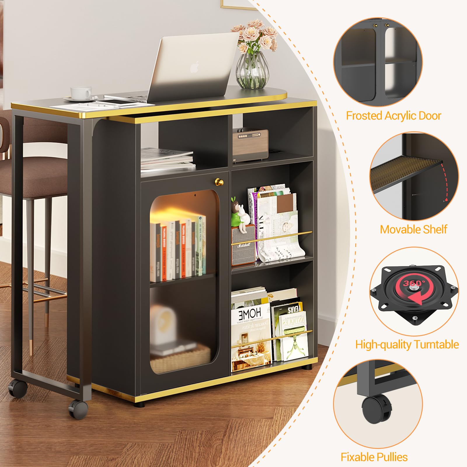 Cyclysio 360° Rotating Bar Cabinet, 59" Home Bar with LED Light & Charging Station, Double-Sided Foldable Liquor Wine Cabinet with Storage for Bar, Liquor, Coffee, Dining, Working, Black