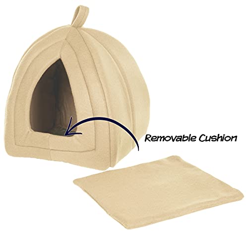 Cat House - Indoor Bed with Removable Foam Cushion - Pet Tent for Puppies, Rabbits, Guinea Pigs, Hedgehogs, and Other Small Animals by PETMAKER (Tan),(L) 13.5β x (W) 13.5β x (H) 15β