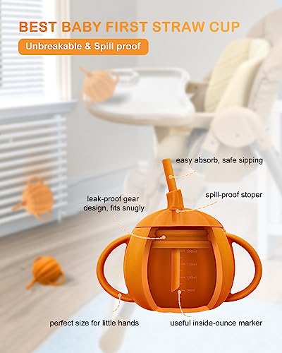 BRVTOT 3 in 1 Training Cups for Baby & Toddler 7 oz, Spill Proof Toddler Straw Cup & Snack Containers Cup with DustProof Lid, BPA Free Silicone Baby Sippy Cup for 1+ Year Old, Cute Pumpkin Baby Gifts