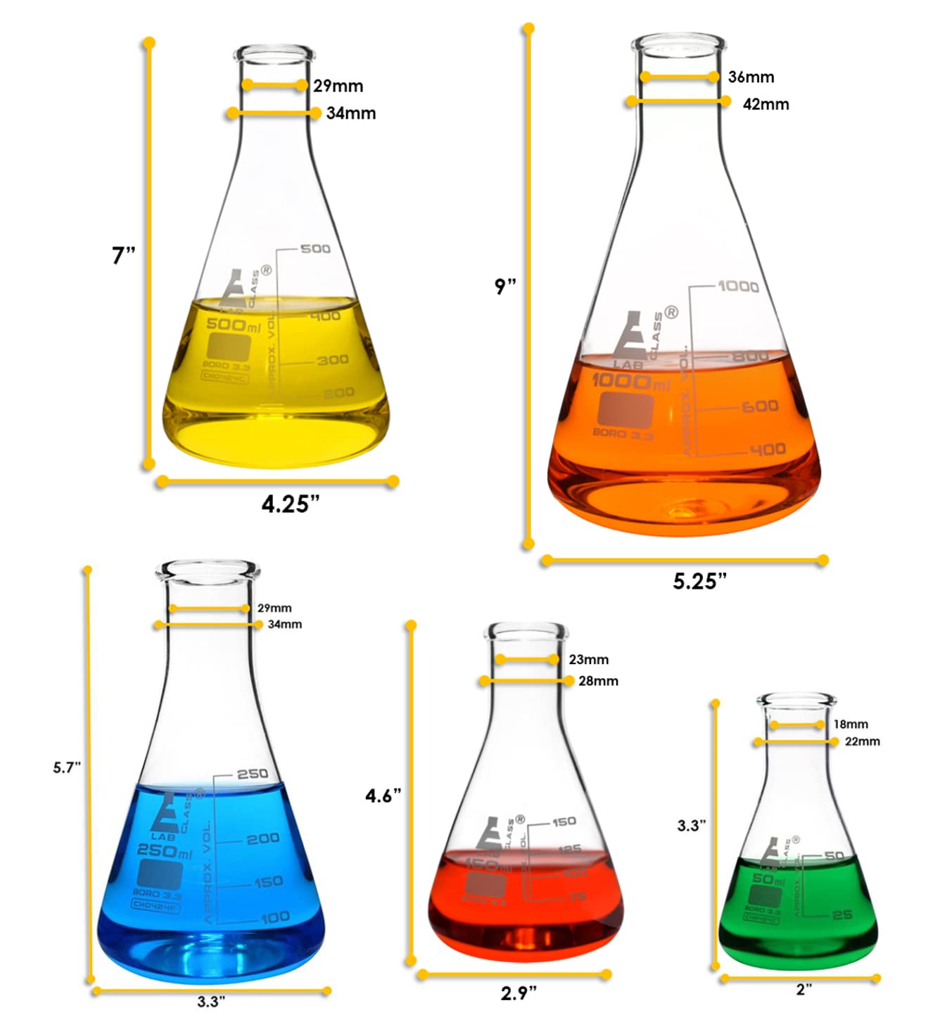 EISCO Premium Erlenmeyer Flask Set - 50ml, 150ml, 250ml, 500ml & 1000ml - Narrow Neck, White Graduations - Superior Durability & Chemical Resistance - Borosilicate 3.3 Glass