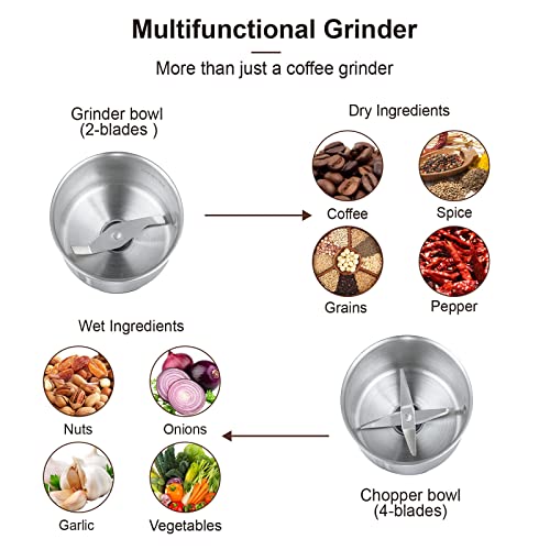 Coffee Grinder Electric, Spice Grinder with with 2 Detachable Stainless Steel Bowls, with Anti-splash Cover & Brush, 3.88oz/110g Capacity Coffee Bean Grinder, Dry & Wet for Corn Kernels, Herbs, Nuts