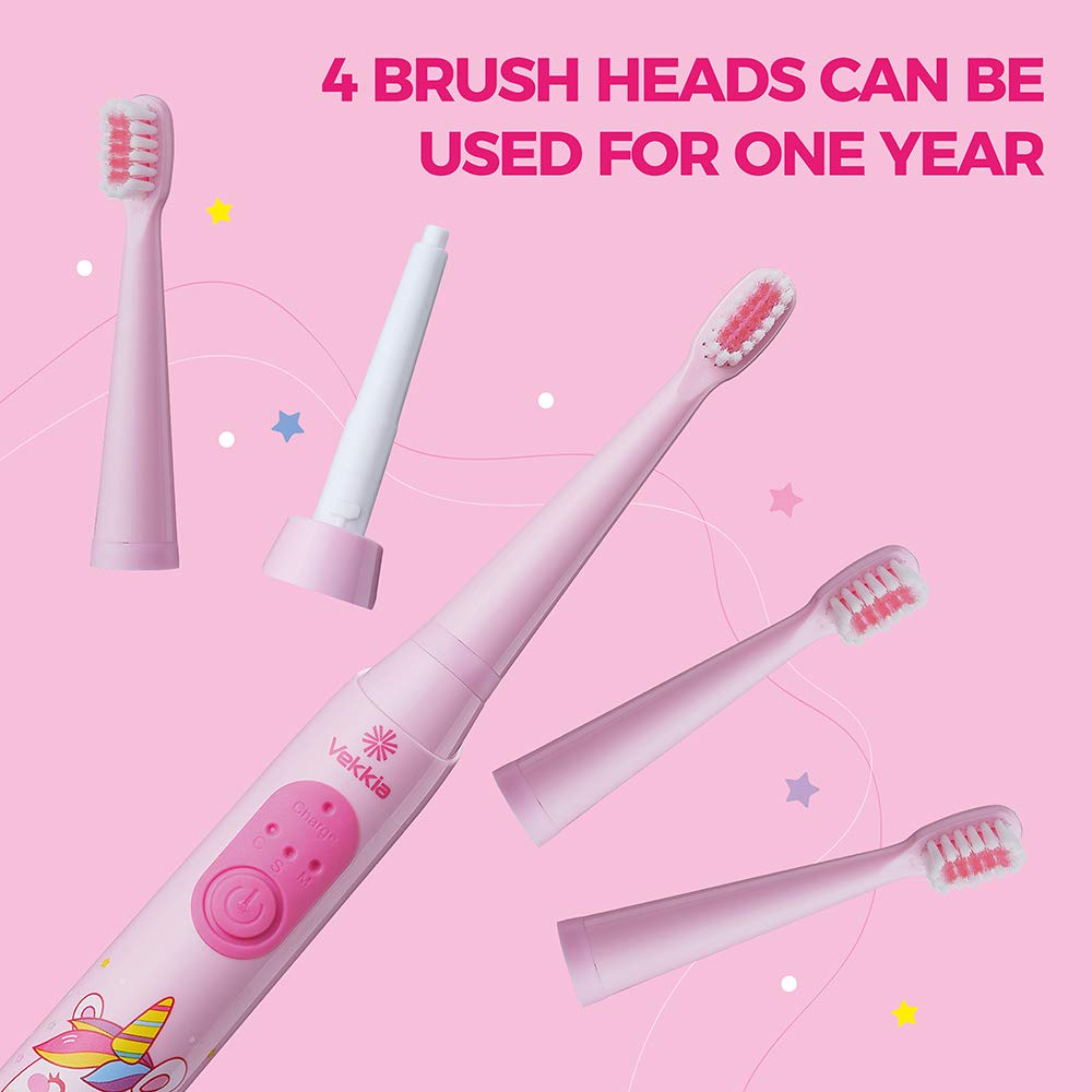 Vekkia Sonic Rechargeable Kids Electric Toothbrush, 3 Modes with Memory, Fun & Easy Cleaning, 24000 Strokes, IPX7 Waterproof, 2-Min Timer for Age 5+, 4 Soft Bristles(Pink)