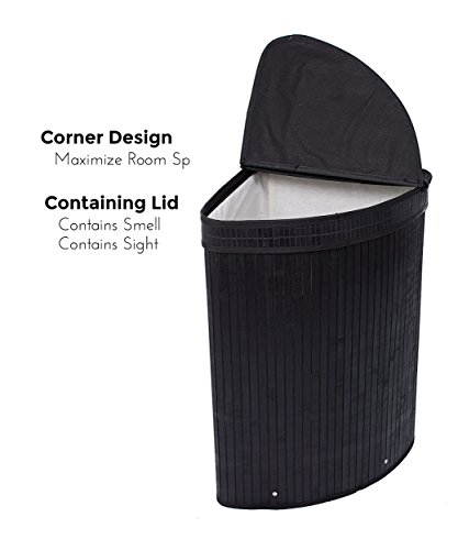 BirdRock Home Corner Laundry Hamper with Lid and Cloth Liner - Bamboo - Black - Easily Transport Laundry Basket - Collapsible Hamper - String Handles