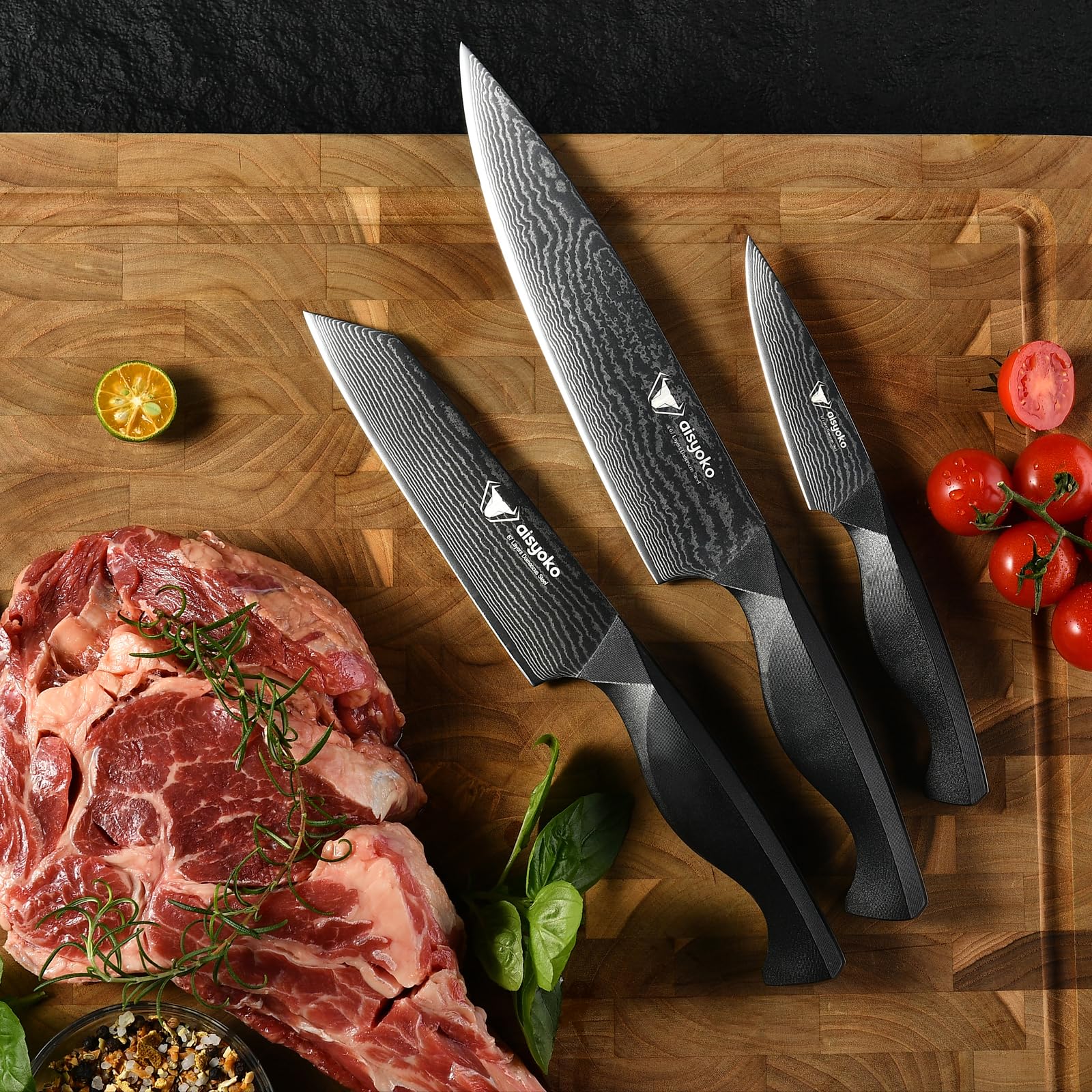 aisyoko 8C Damascus Knife Set 3PC Chef Knife,Kitchen knife,paring knife,High Carbon Stainless Steel,Ergonomic Full Tang ABS Anti-Skid Handle,Professional Japanese Cooking Knife with Luxury Gift Box