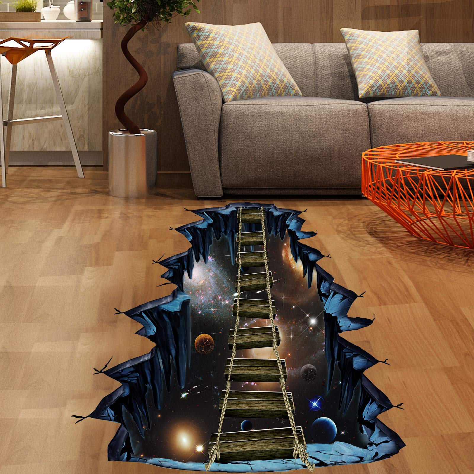 RW-82004 3D Floor Stickers Galaxy Interstellar Space Suspension Bridge Floor Stickers Removable Illusion Waterproof Floor Wall Decor for Kids Bedroom Living Room Nursery Home Decoration