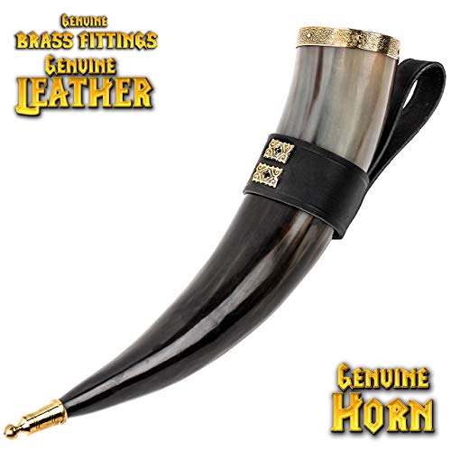 Mythrojan THE WEALTHY MERCHANT - Viking Drinking Horn with Black Leather holder Authentic Medieval Inspired Viking Wine/Mead Mug β Polished Finish