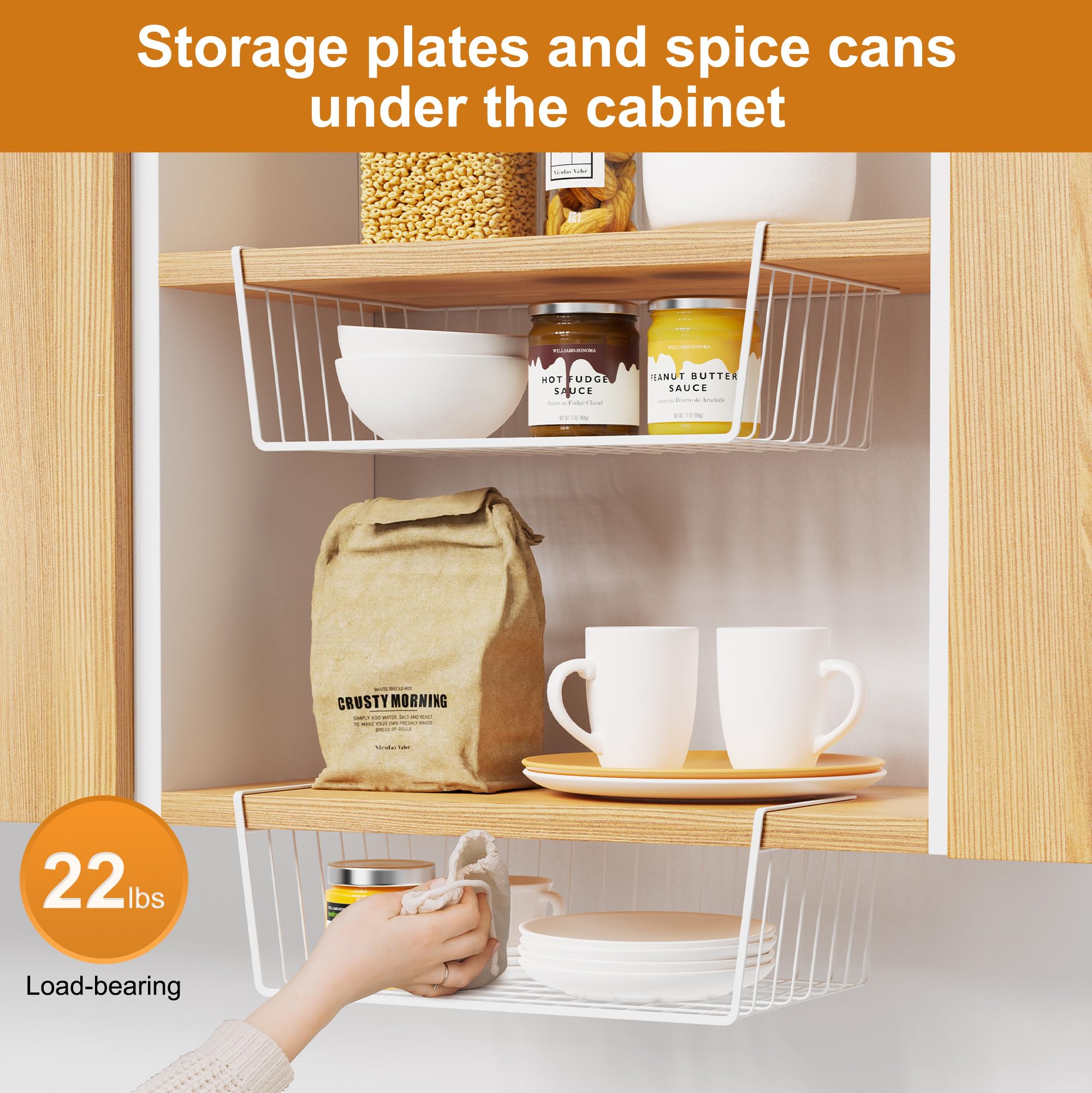 Bellsal Under Shelf Basket, 4 Pack Metal Hanging Wire Shelf Under Shelf Storage, Slides Under Cabinet Shelf, Space Saving for Kitchen Pantry Office Bathroom Bookshelf Under Shelf Organizer, White