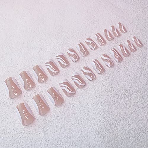 24 Pcs Press on Nails Short, Luvehandicraft Glossy Fake Nails Coffin, False Nails with Glue for Women and Girls (Pink White Swirl), 28 Piece Set