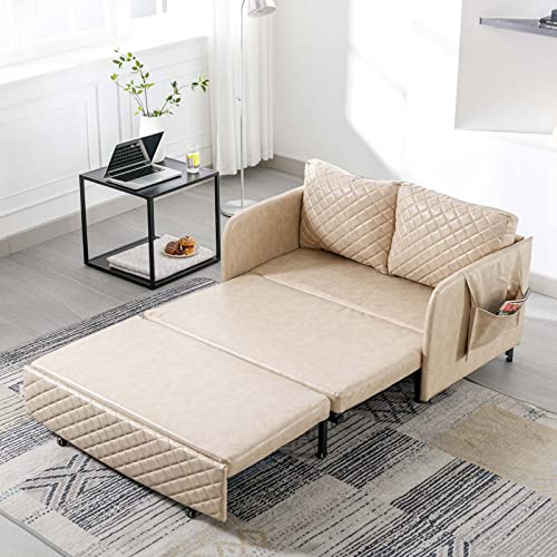 Antetek Sleeper Sofa Bed, 46-inch Faux Leather Loveseat Sleeper Sofa Couch with Pull-Out Bed, Small Love seat Sofa Single Bed with a Detachable Side Pocket for Living Room, Office, Camel