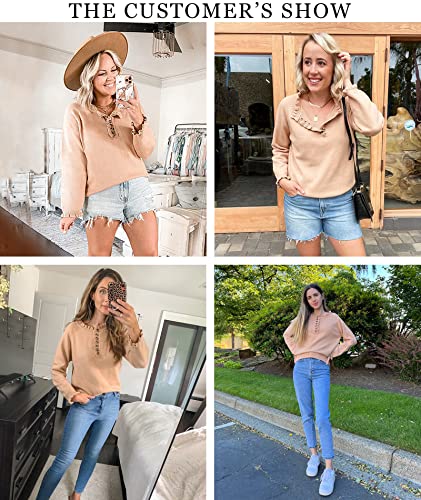 BTFBM Women's Sweaters Casual Long Sleeve Button Down Crew Neck Ruffle Knit Pullover Sweater Tops Solid Color Striped(Solid Khaki, Small)