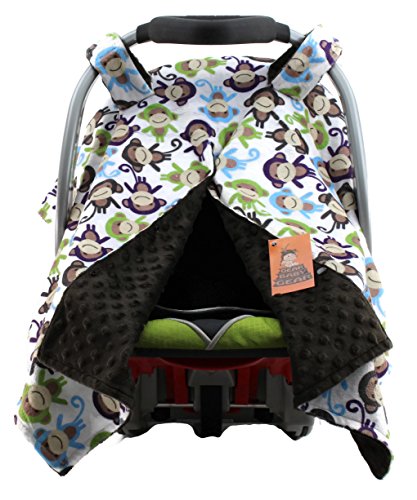 Dear Baby Gear Deluxe Car Seat Canopy - Double Layer Infant Car Seat Cover - Soft and Breathable - Multi Colored Mischievous Monkeys Print/Brown Dot - 30" x 40"