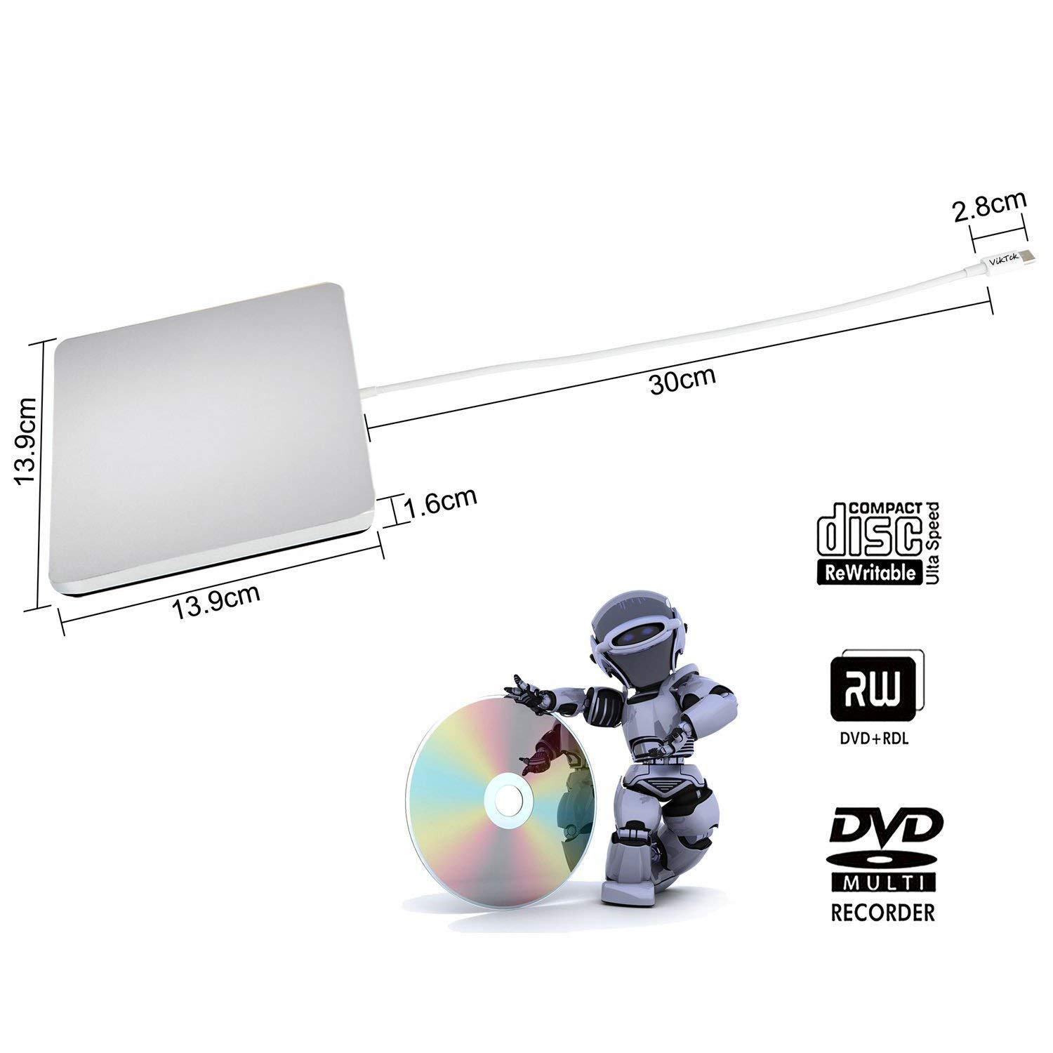 VikTck External CD DVD Drive USB C Ultra Slim Portable CD DVD RW/ROM Burner Writer Player Superdrive for MacBook Pro Air iMac Laptop Mac os Windows 10