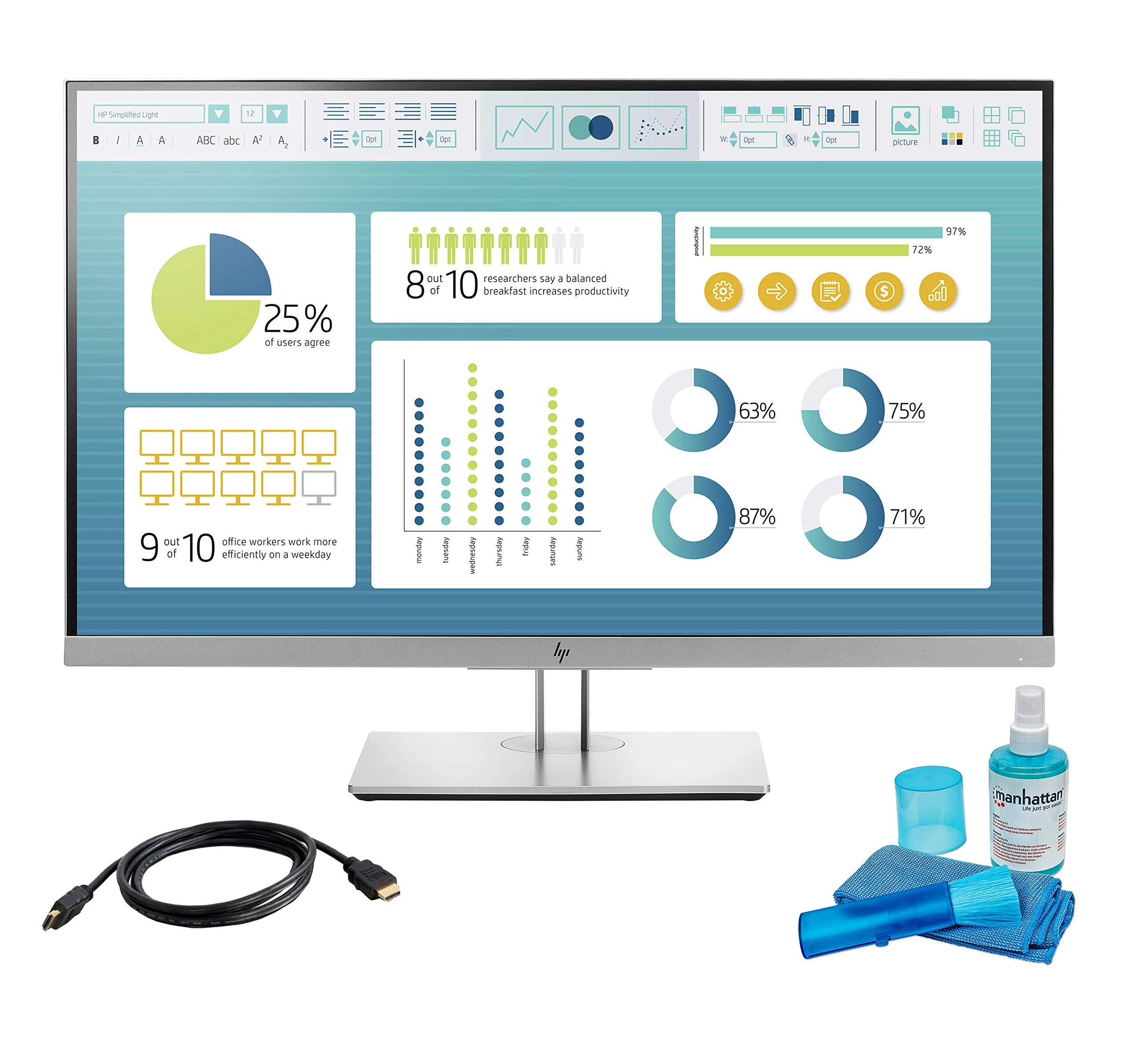 HP EliteDisplay E273 27 Inch FHD (1920 x 1080) LED Backlit IPS Monitor (1FH50A8#ABA) Bundle with HDMI Port, VGA Port, DisplayPort, 6-feet HDMI Cable and LCD Cleaning Kit