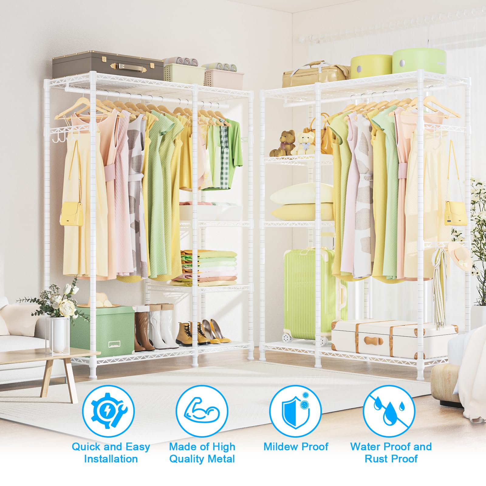 Ulif F4 Heavy Duty Clothes Rack(With Hanger Rod ) Freestanding Clothing Racks for Hanging Clothes,Adjustable Closet Organizer System,Portable Garment Rack 45" W x 15" D x 70" H,Max Load 500LBS,White
