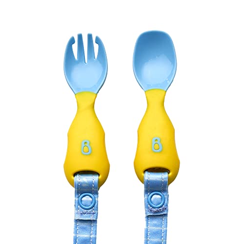 BIBaDO - Handi Toddler Cutlery, Food-Safe Toddler Utensils, Toddler Fork and Spoon Set, Toddler Eating Utensils for Babies 6 Months and Up, Attaches to Bibado Coverall Bib, Ducklings Pool Party