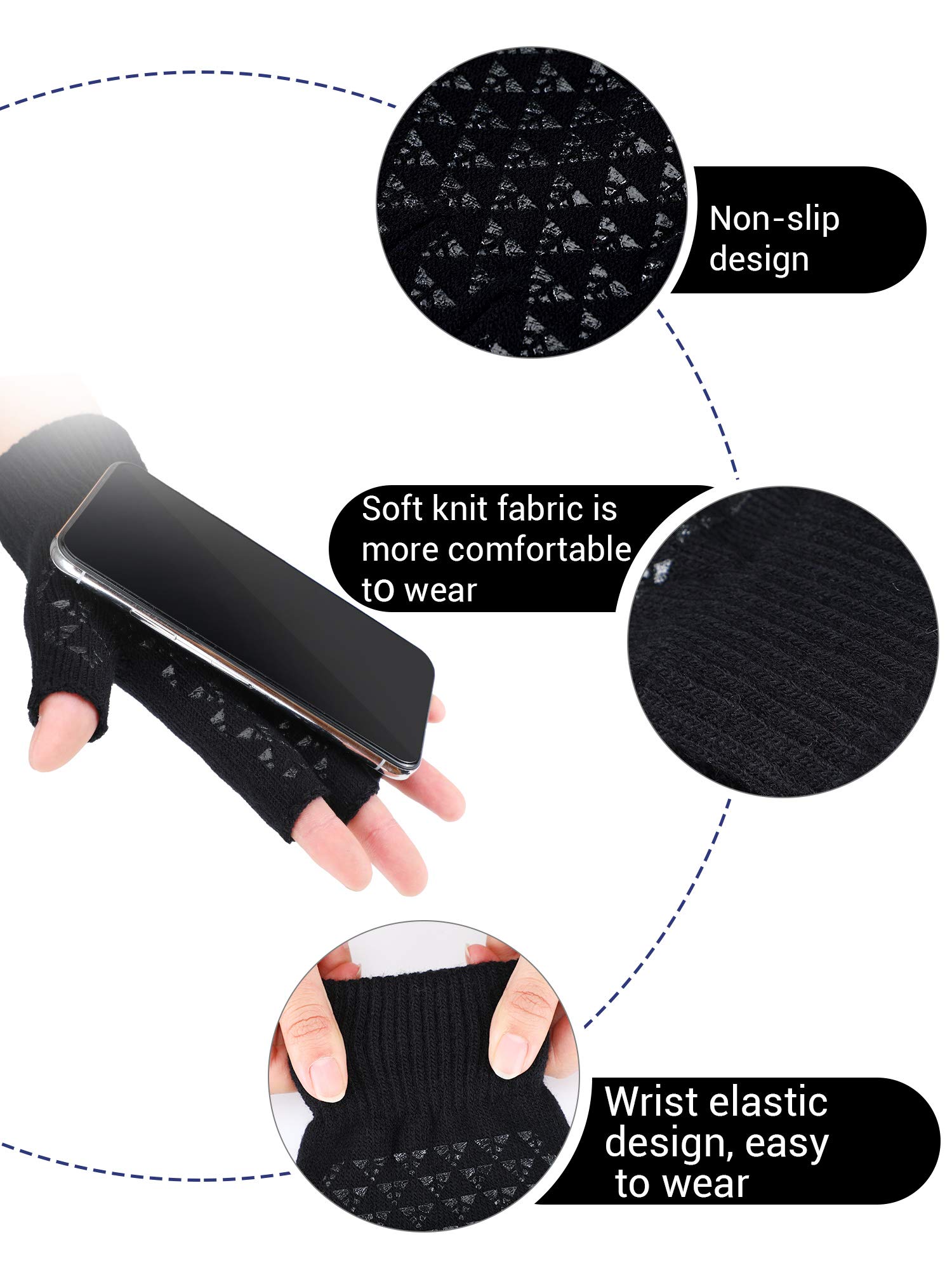 4 Pairs Unisex Winter Half Finger Knit Gloves Stretchy Non-Slip Winter Warm Knitted Fingerless Gloves (Black)
