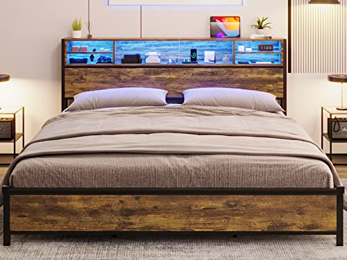 BTHFST King Size LED Bed Frame with Storage Headboard, USB Ports & Charging Outlets, Industrial Metal Platform Bed, Upgraded 2-Row Support Bars, No Box Spring Needed, Vintage Brown&Black (King)