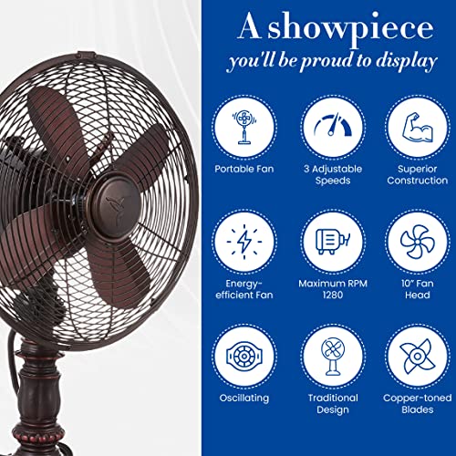 DecoBREEZE Oscillating Table Fan, 3 Speed Portable Fan, Kipling, Antique Metal Fan, 10 inches