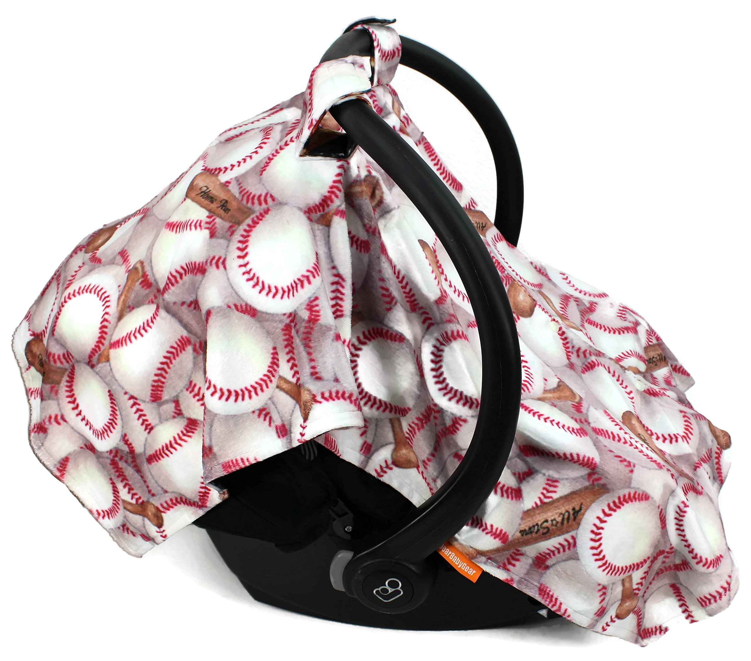 Dear Baby Gear Deluxe Reversible Car Seat Canopy, Custom Minky Print, Baseball Bat Glove