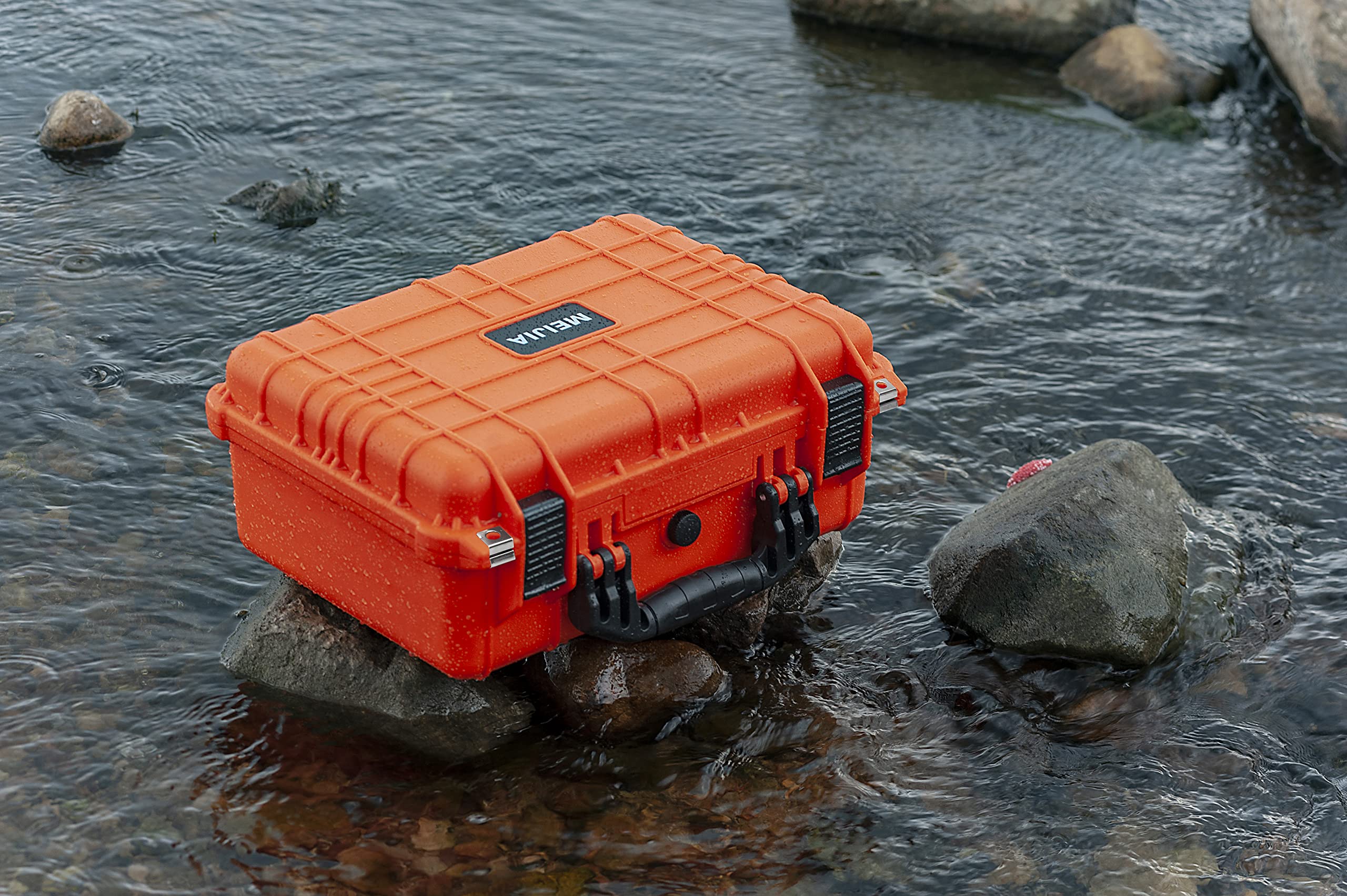 MEIJIA Portable All Weather Waterproof Camera Case with Customizable Fit Foam,Fit Use of Drones, Camera, Equipments, Pistols,15.98x12.99x6.85inches(Orange)