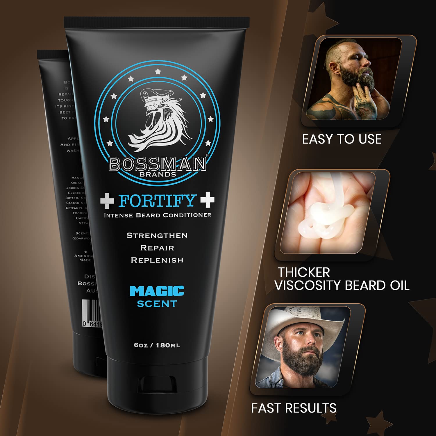 Bossman Fortify Intense Beard Conditioner - Shower Beard Wash, Moisturizer and Beard Softener for Men - Beard Growth Products - Made in USA (Magic Scent)