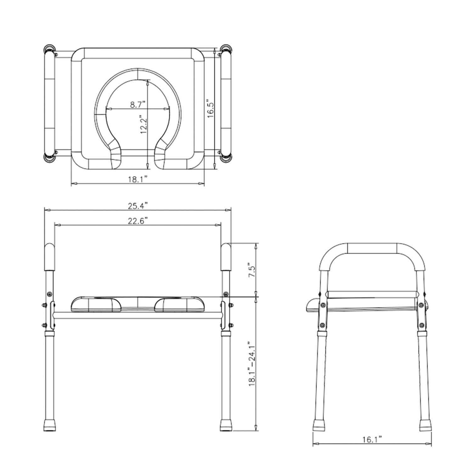 Raised Toilet Seat with Arms, Height Adjustable, 25" Width, up to 400lbs, Reinforced and Anti-Skid, Bedside Commode, Bathroom Assist Safety Frame for Elderly, Handicap
