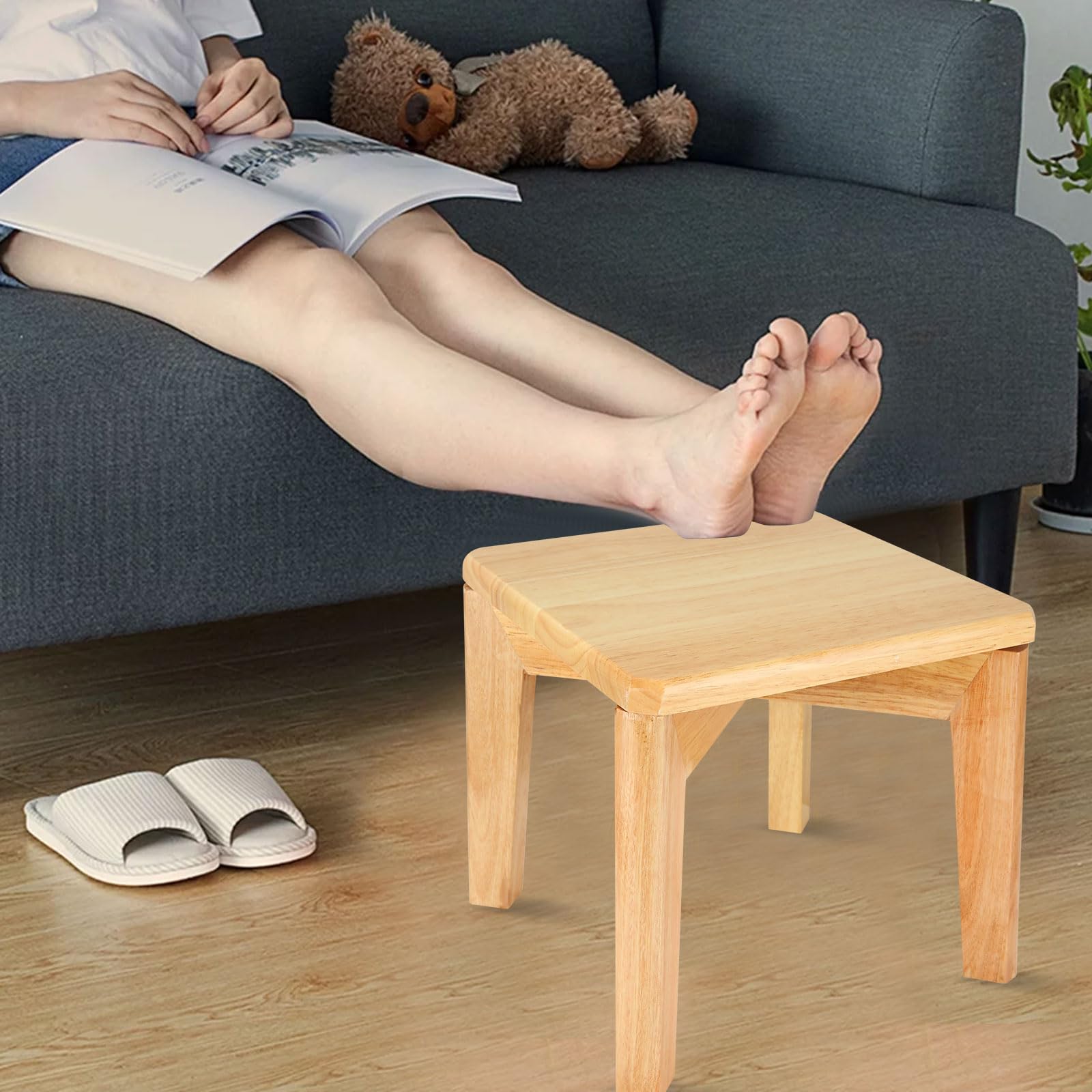 LANIAKEA Wooden Stool, 10 inch Small Wood Stool, Wooden Stool for Kids, Wood Step Stool for Adults, Bedroom, Living Room and Kitchen