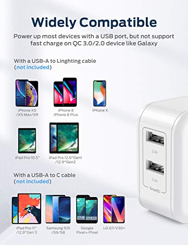 USB Wall Charger for iPhone iPad, 2-Pack iClever Dual Port 24W Travel Tablet Phone Charger Adapter with SmartID for iPhone11/ Pro/iPhoneX/iPhone XR/8/7/6/Plus, iPad Pro/Air 2/Mini 3/Mini 4 and More