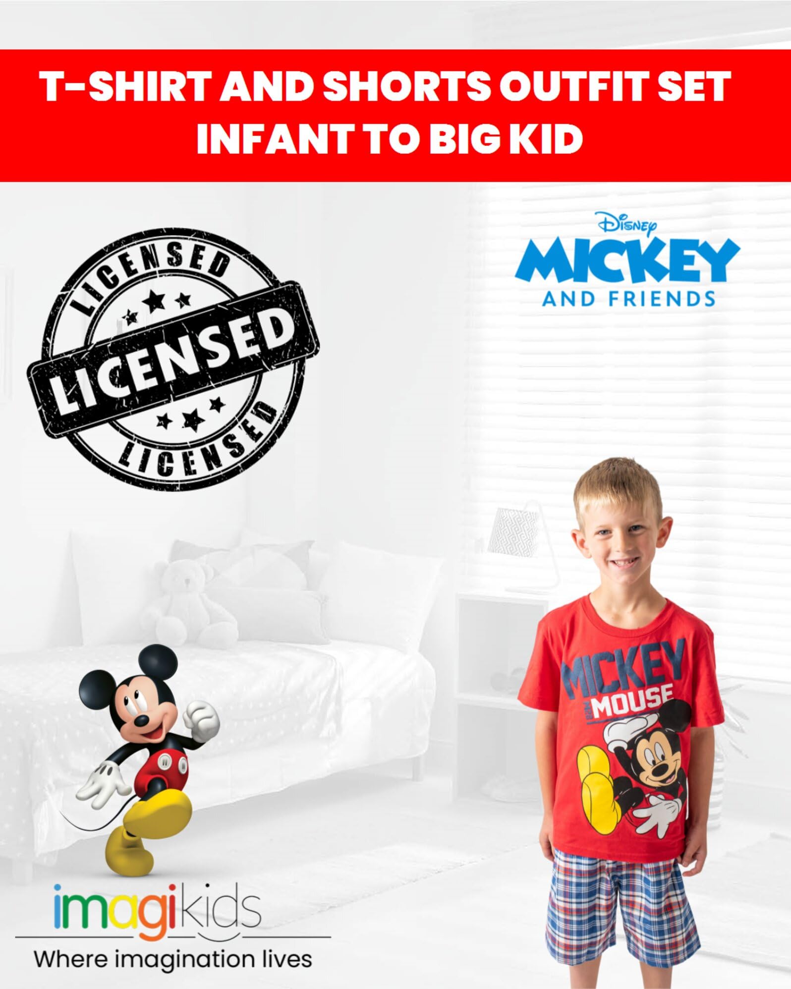 Disney Toddler Boys' Mickey Mouse Plaid Short Set with T-Shirt, Red, 3T