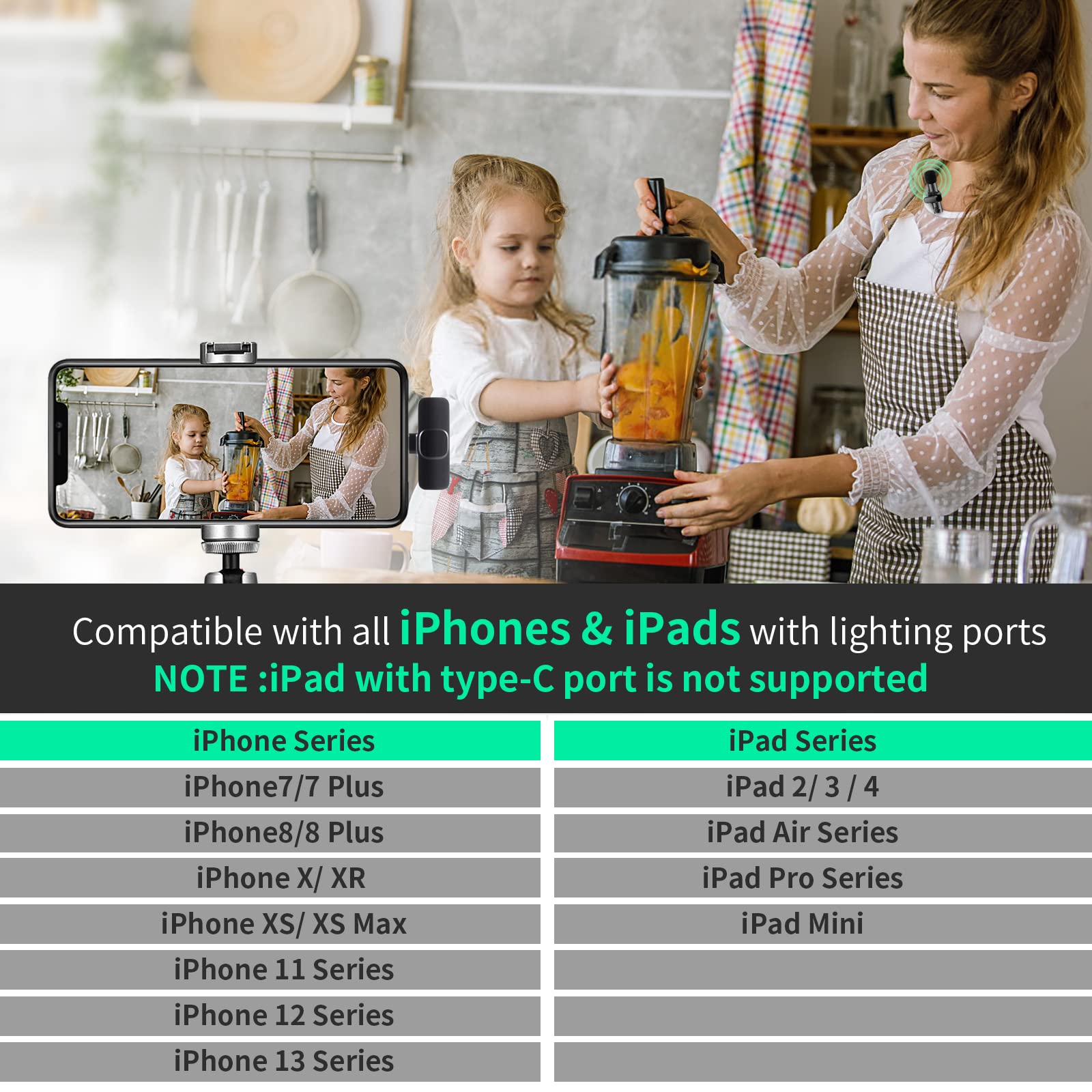 ERNSITNG Wireless Lavalier Microphone for iPhone iPad, Plug&Play Auto-syncs Clip-on Mini Mic for YouTube,TikTok,Facebook,Live,Zoom Video Recording,Noise Reduction(NO APP or Bluetooth Needed)