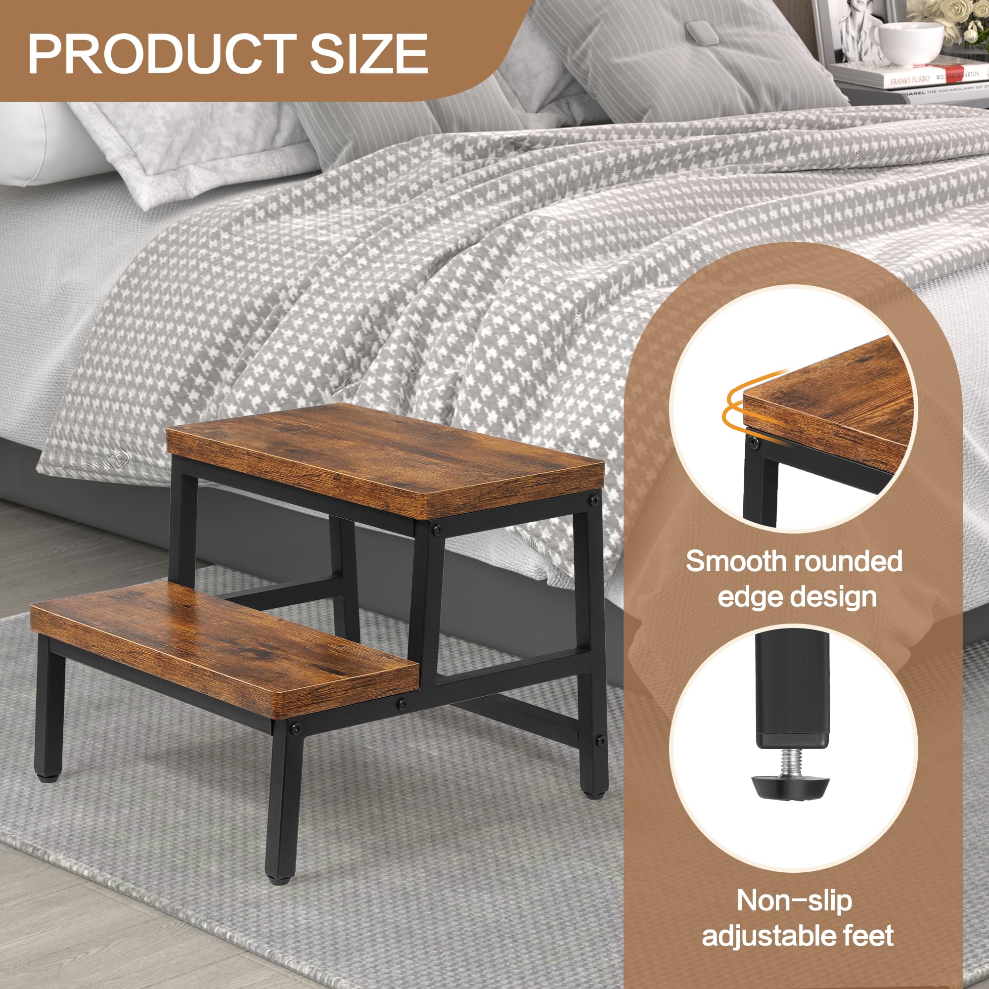 Wood Bed Side Step Stool for High Beds Adult - 2 Step Wooden Step Stools for Adults for Bedside, Heavy Duty Stepping Stool for Bed/Kitchen/Bedroom, Holds Up to 500 lbs Capacity, Brown
