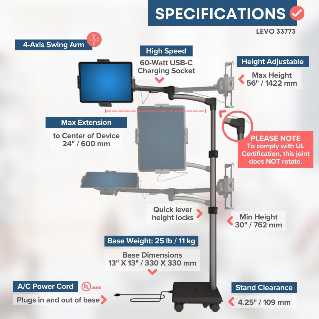 LEVO G2 Commercial Sturdy Egonomic Tablet Rolling Cart Stand with 60 Watt USB-C Charging Port for Most iPad Pro, Surface Pro, Amazon, Samsung, Kindle Touchscreens and More.