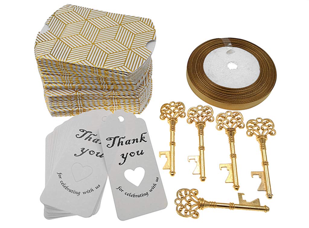 50pcs Skeleton Key Bottle Opener Wedding Party Favor Souvenir Gift with Candy Box and Ribbon(Gold)