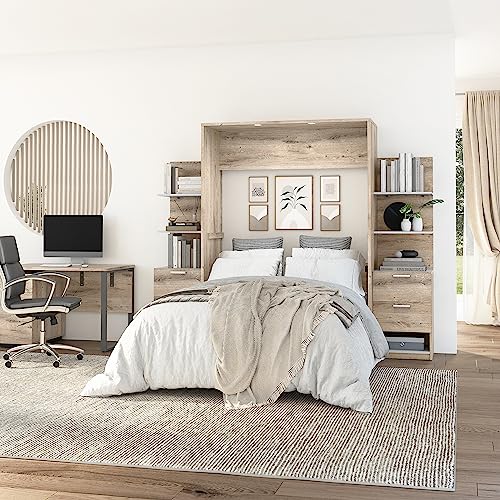 Bestar Cielo Full Murphy Bed with Nightstands and Floating Shelves (99W) in Rustic Brown and White, Sleeping Arrangement for Multipurpose Room