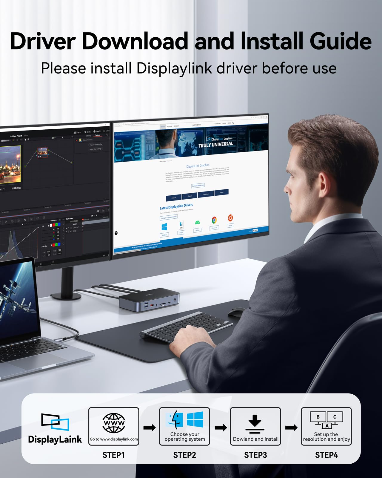 DisplayLink Laptop Docking Station Dual Monitor, USB C Dock with 120w Power, USB C Docking Station with 2 HDMI, 2 DisplayPort,2.5Gbps Ethernet,USB 3.1/3.0/2.0, SD/TF for MacBook Pro/Air/Dell/HP/Lenovo
