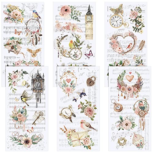 6 Sheets Flower Rub on Transfer Floral Rub on Transfers for Furniture Vintage Flower Decal Stickers for Wood Furniture Summer Flower Craft Wedding Decor, 6 x 12 Inches (Clock)