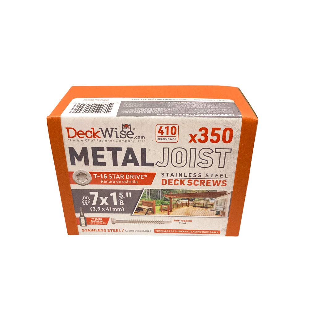 DeckWise #7x1-5/8" Self-Tapping Screws for Metal Joists, 410 Stainless Steel T15 Deck Screws Cover 100 Sq. Ft. of Decking (350 Pack)
