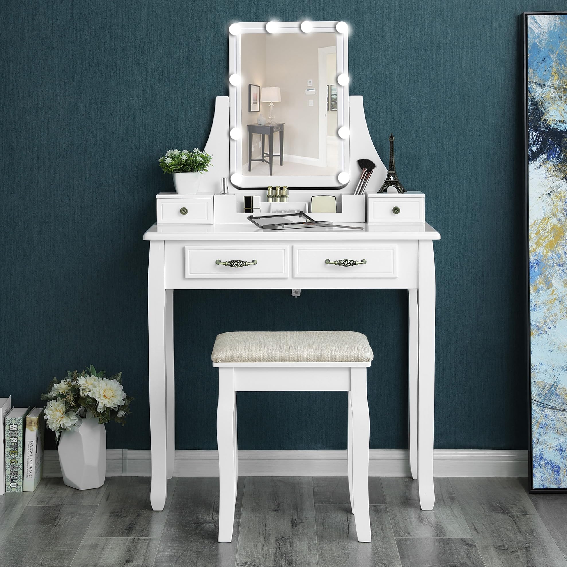 ISHARINGTIME Small Makeup Vanity Desk with Mirror and Lights, 360° Rotation Vanity Table with 4 Drawers & Chair & Shelves, Bedroom, White