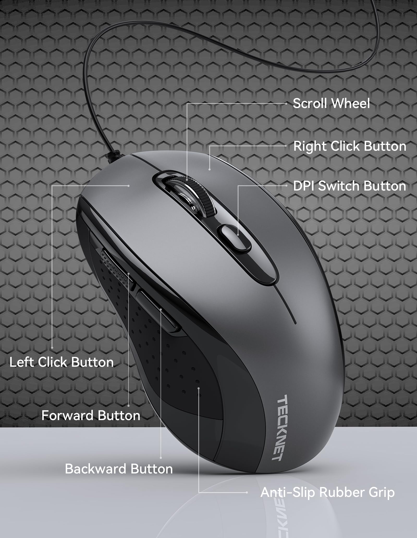 TECKNET Computer Wired Mouse, USB Mouse Wired for Laptop with 6-Button, 3600DPI Optical PC Wired Mouse, Home and Office 5FT USB-A Corded Comfortable Mouse, Plug & Play, NO Battery Required-Grey