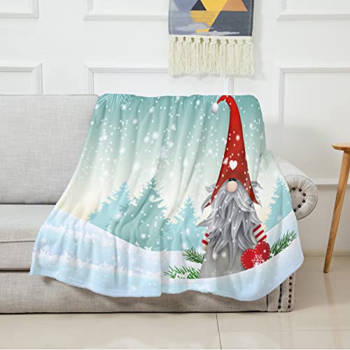 Flannel Fleece Bed Blanket Lightweight Cozy Plush Throw Blanket for Bedroom/Living Rooms/Sofa/Couch, Christmas Gnome Named Tomte Standing in Winter 60" x 80"