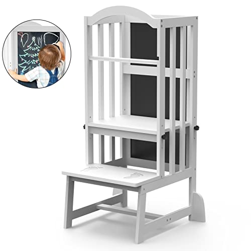 DORPU Toddler Kitchen Stool Helper for Kids, Adjustable Height Toddler Tower with Double-Side Art Board, Anti-tip Montessori Kids Learning Kitchen Step Stool