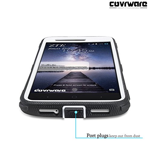 COVRWARE [Iron Tank] case Compatible with ZTE ZMAX PRO/ZTE Carry, with Built-in [Screen Protector] Full-Body Rugged Holster Armor Case [Brushed Metal Texture Design][Belt Clip][Kickstand], White