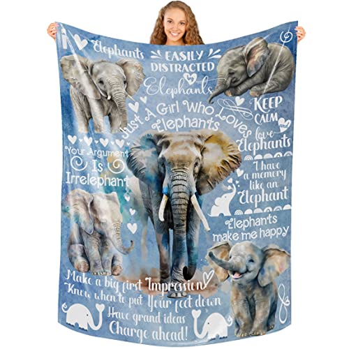 Elephant Gifts for Women, Just A Girl Who Loves Elephants, Throw Blanket for Sister, Daughter, Coworkers, Friends, 65 x 50 Inches, Blue