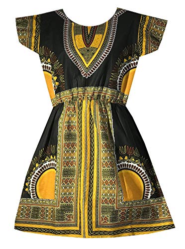 Decoraapparel Girls Dashiki Caftan African Short Baby Doll Dress Above Knee Length (X-Large, Black Yellow)