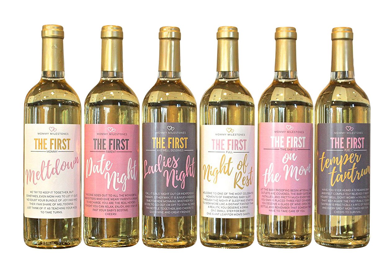 Mommy Milestone Wine Labels and Stickers, Great Baby Shower and Pregnancy Gift Ideas for Mom To Be, Funny Mom's First Moments After Having New Baby Girl or Boy – Set of 6 – By Harper & Ivy Designs