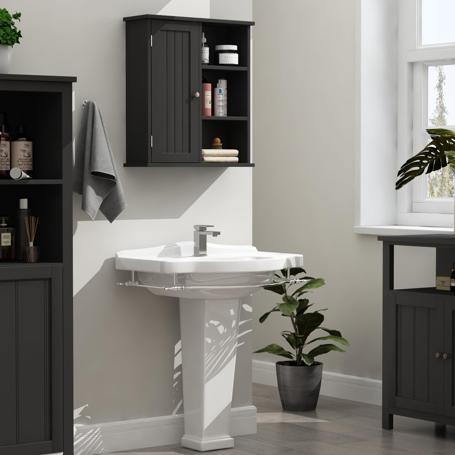 Treocho Bathroom Wall Cabinet, Medicine Cabinet with Door and 3 Open Shelves, Wall Mounted Storage Organizer for Bathroom, Kitchen, Living Room, Black