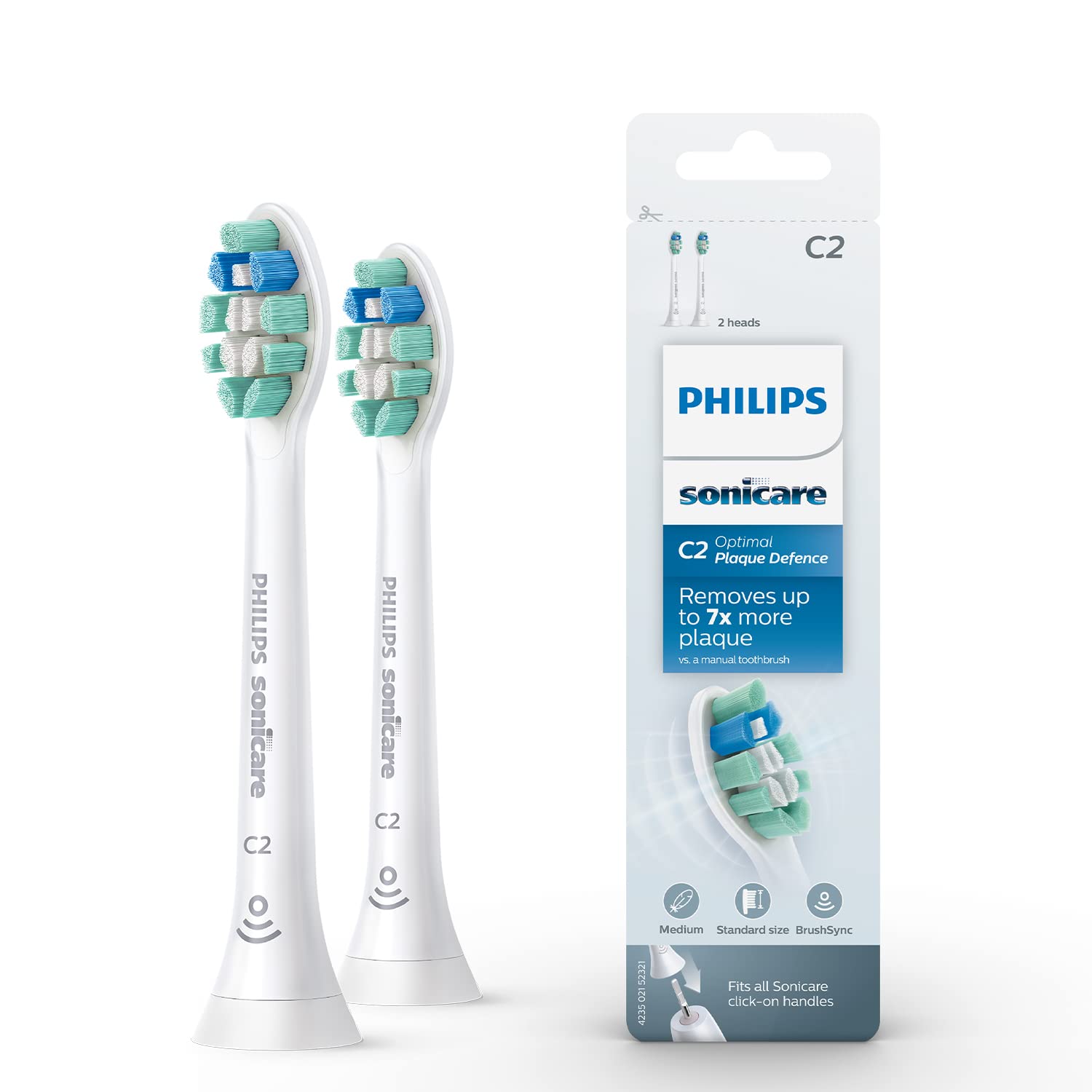 Philips Sonicare Optimal Plaque Defence BrushSync Enabled Replacement Brush Heads, 2pk, White - HX9022/12