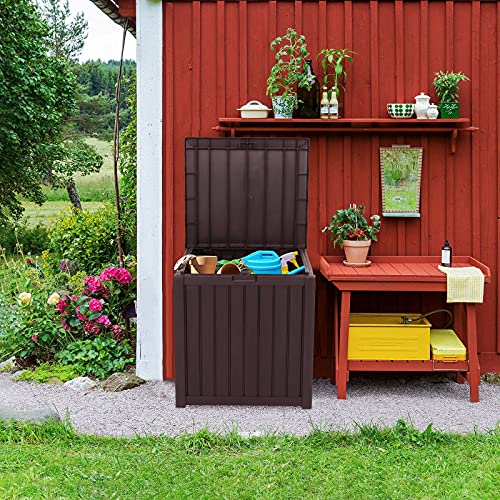 Volowoo 51Gallon Small Deck Box,Waterproof Plastic Lockable Indoor/Outdoor Storage Container and Seat for Patio Cushions and Gardening Tools,Store Items on Patio, Garage, Yard (Brown)
