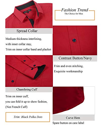 Alex Vando Mens Dress Shirts Regular Fit Long Sleeve Stretch Business Dress Shirts for Men,Red,Large